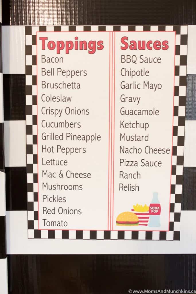 Burger and Fry Bar Ideas plus Free Printables - Moms & Munchkins
